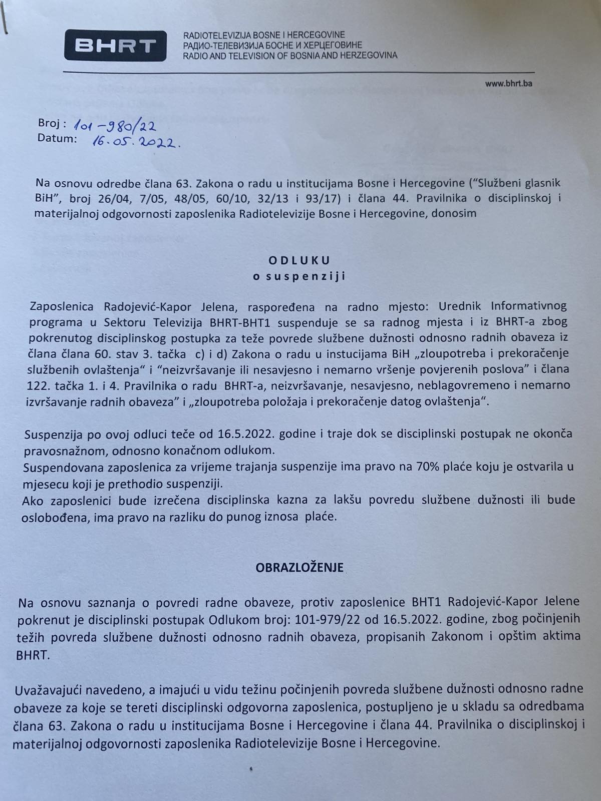 Disciplinska prijava: Suspendovana jedina srpska urednica na BHT | BL ...